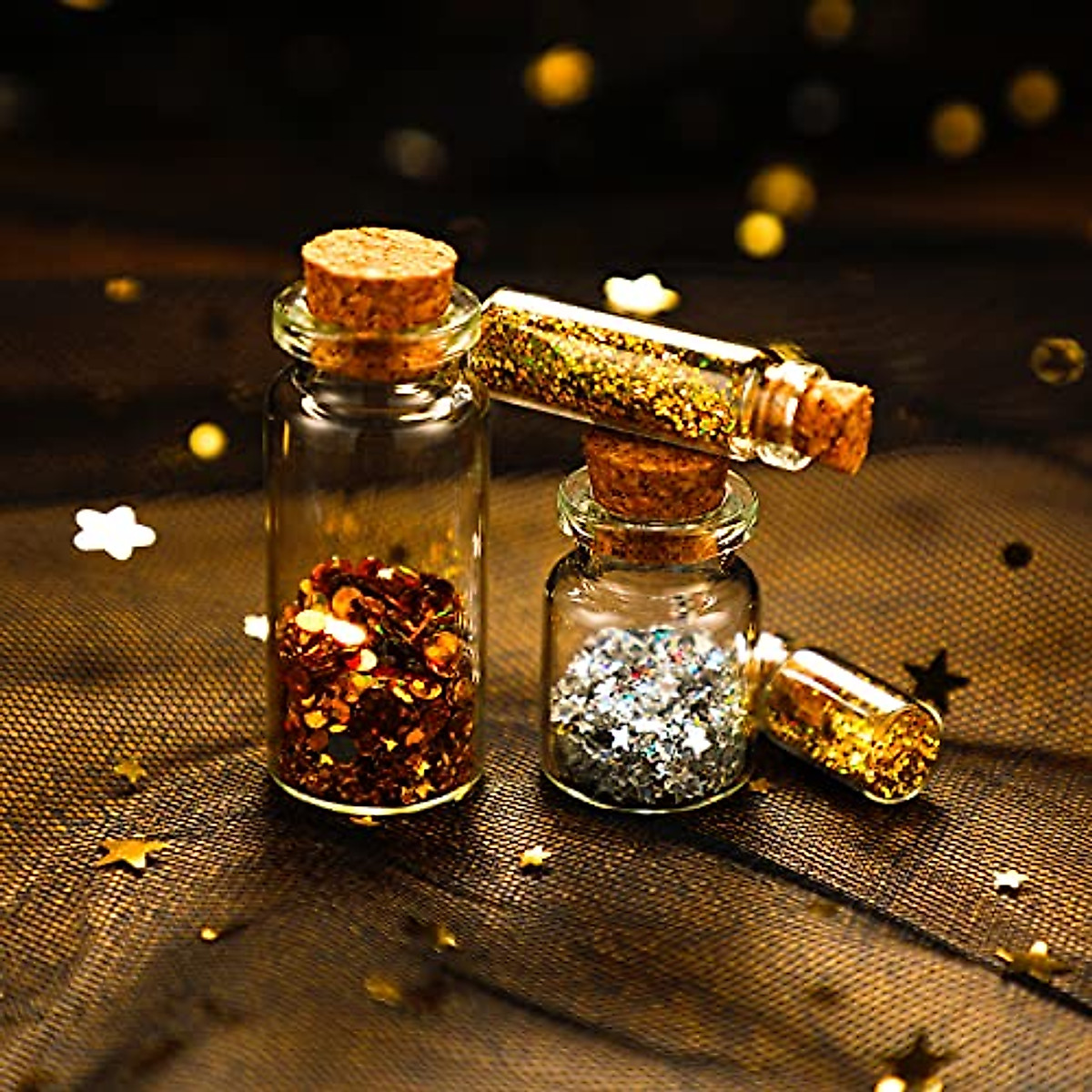 45 Pieces Mini Glass Bottles Clear Small Wishing Jars with Cork Stoppers Cork Glass Bottles with 50 Pieces Eye Screws and 3 Pieces Funnels for DIY Art Crafts Party Home Decoration, 5 Sizes