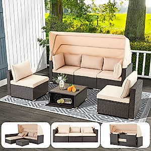 HOMREST 6 Pieces Patio Furniture Sets, Rattan Daybed with Retractable Canopy, Outdoor Sectional Sofa Set with Adjustable Backrest, Chaise Chair Sunbed for Garden Poolside Backyard (Khaki)