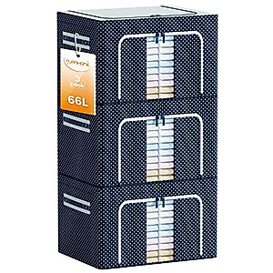 3 Pack Upgraded Clothes Storage Containers Bins, Stackable Storage Bins-Collapsible Storage Bins for Clothes Storage Box for Clothing with Front Zipper＆ Clear Window＆ Reinforced Handles, 66L, 3PCS)
