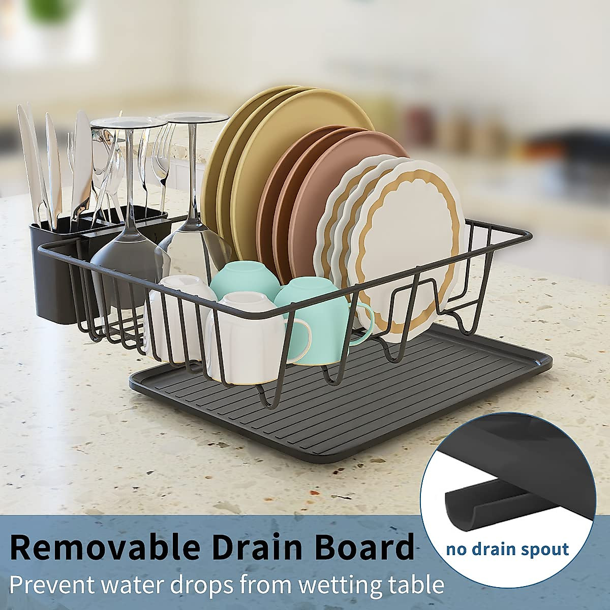 PINNIYOU Dish Drying Rack, Dish Rack with Drainboard and Utensil Holder for Kitchen Counter Cabinet, Black