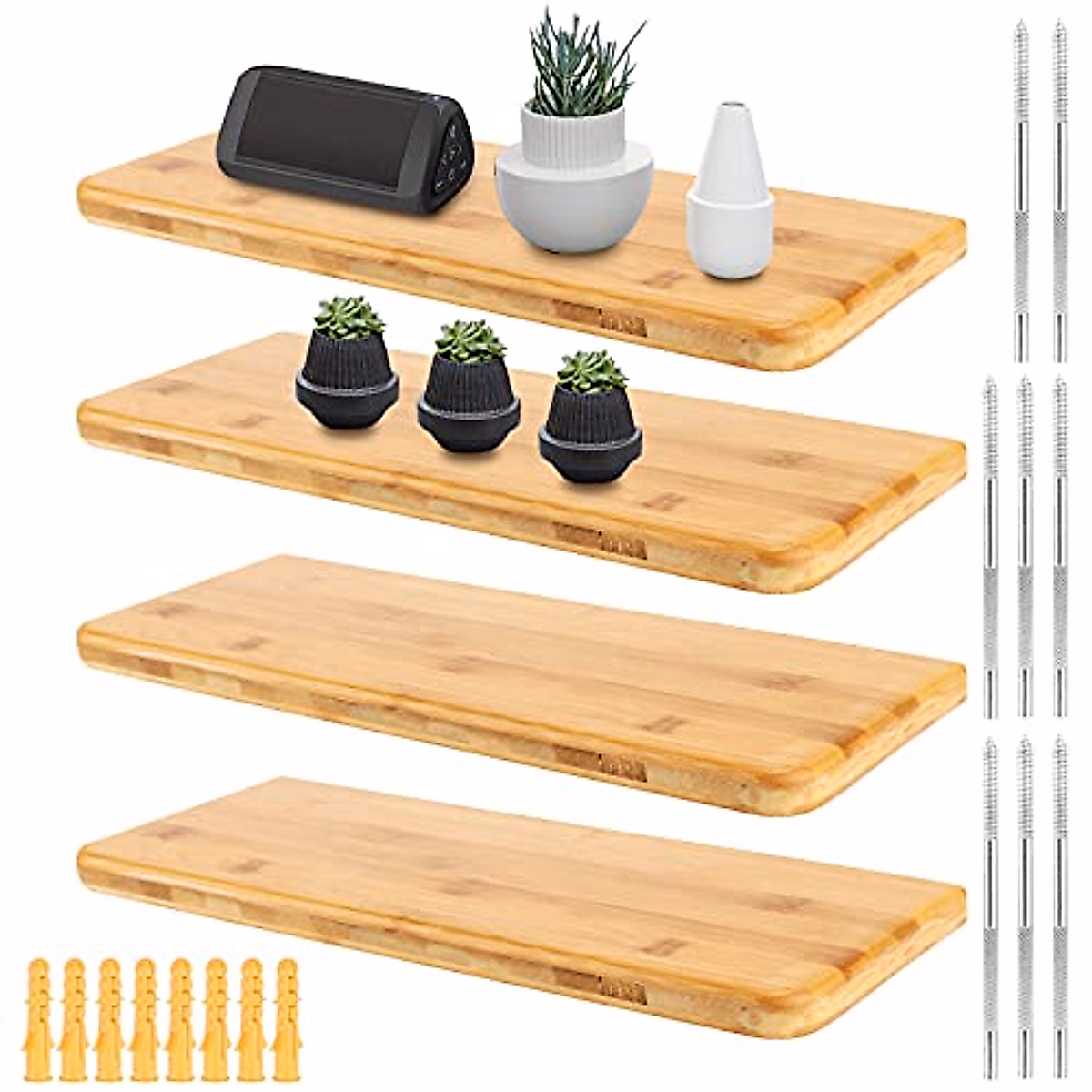 JOIKIT 4 PCS 16 Inch Bamboo Floating Shelves Wall Mounted, Bamboo Wall Shelf, Decorative Floating Shelf for Bedroom, Kitchen, Bathroom, Living Room