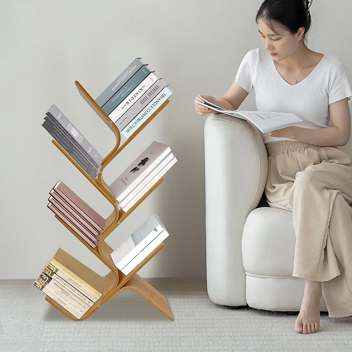 HAPPCUCOE Tree Bookshelf, 6-Tier Tree Bookcase, Narrow Book Shelf for Small Space,Book Organizer for Living Room, Bedroom, Study Room, Library