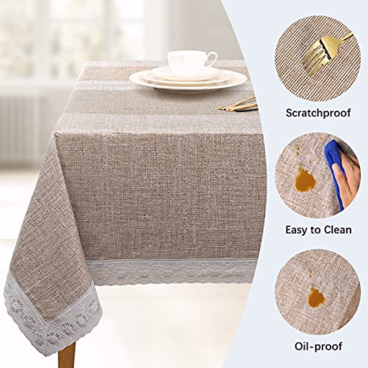 JUCFHY Vinyl Tablecloth with Flannel Backing,Plastic Waterproof Rectangle Tablecloths,Flannel Backed Table Cloth for Camping Dining Indoor & Outdoor,Durable Table Cover(Brown Stripes,52 x 72 Inch)