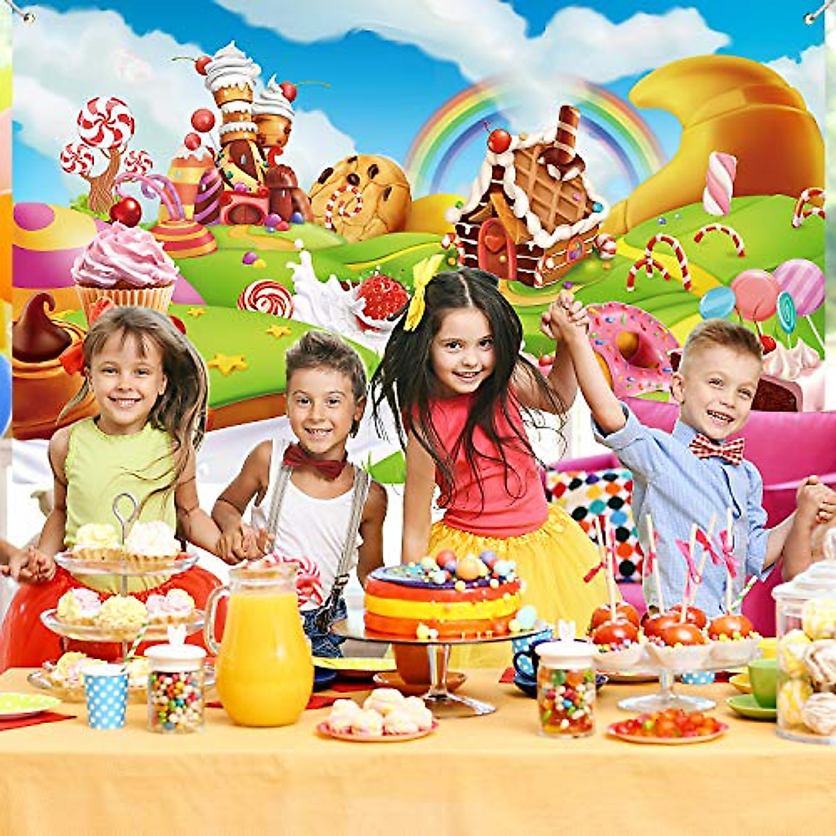 Donut Candy Birthday Party Backdrop Banner, Christmas Large Fabric Sweet Donut Candy Backdrop for Candy Party Decoration, Sweet Cartoon Landscape Baby Shower Background Photo Props, 72.8 x 43.3 Inch