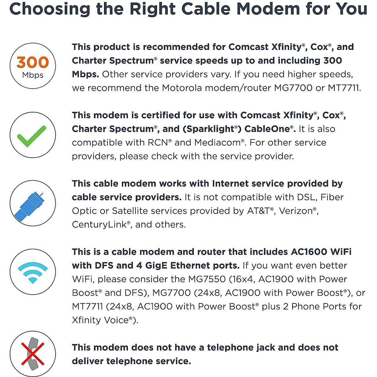 MOTOROLA MG7540 16x4 Cable Modem Plus AC1600 Dual Band Wi-Fi Gigabit Router with DFS, 686 Mbps Maximum DOCSIS 3.0 - Approved by Comcast Xfinity, Cox, Charter Spectrum, More