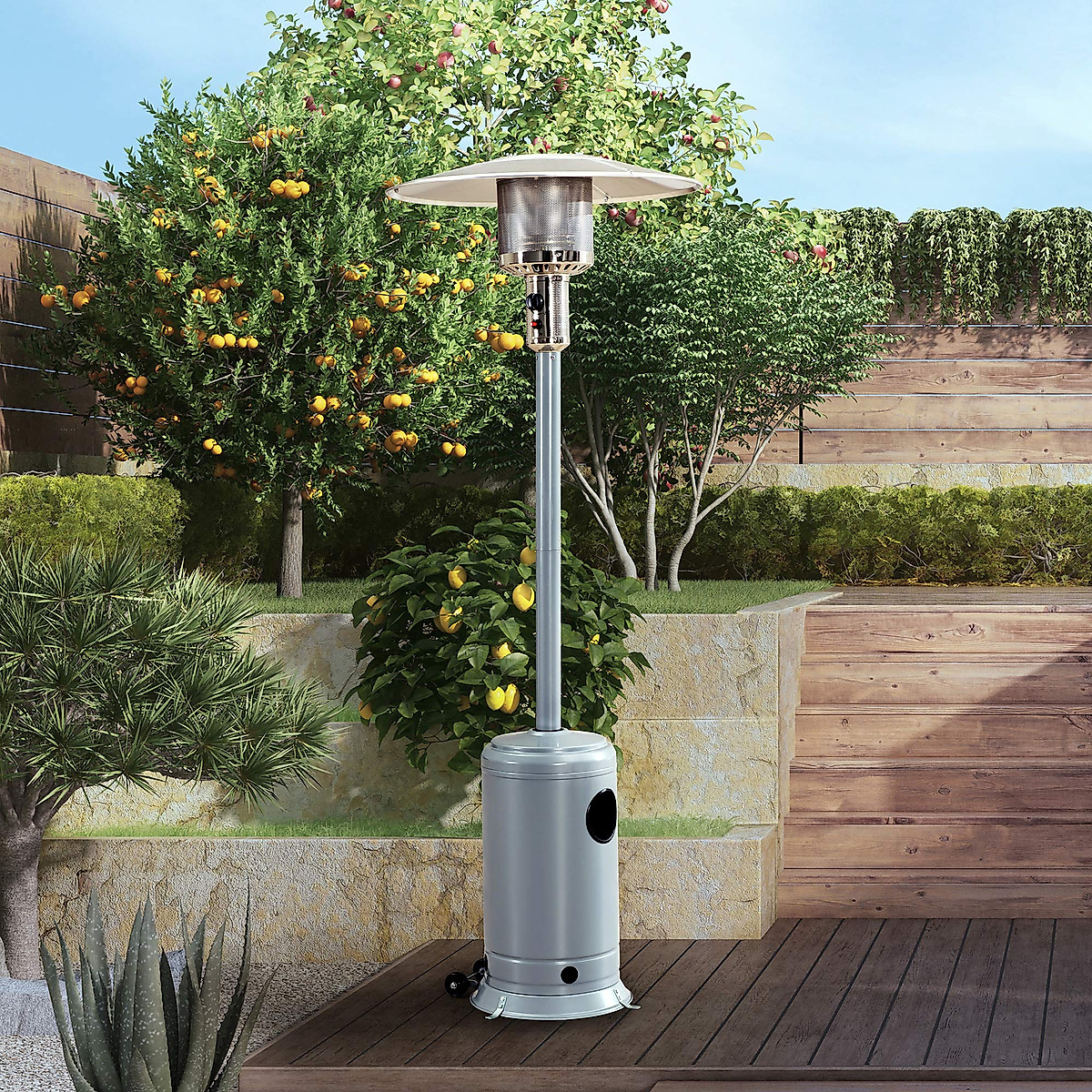 Sunjoy 47,000 BTU Avanti Outdoor Portable Propane Heater for Patio and Garden with Safety Auto Shut Off Valve and Wheels, Silver