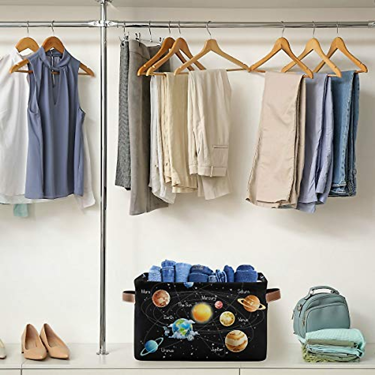 Solar System Planet Storage Basket Bin Large Fabric Toys Storage Cube Box with Handles Collapsible Closet Shelf Cloth Organizer Basket for Nursery Bedroom