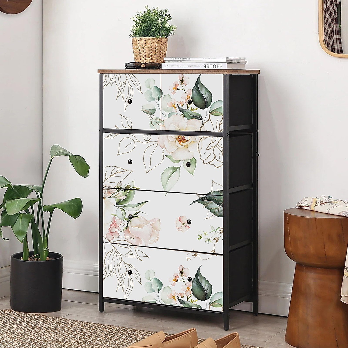 BaoHArtHome Floral Wallpaper Paper Peel and Stick Contact Paper Removable Pink Gold Leaf Easy Peel Off Vinyl Wallpaper Self Adhesive for Bedroom Living Cabinet Room Deco 17.7 in x6.6ft