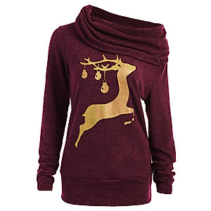 Women's Christmas Deer Turtleneck Sweatshirt Cowl Neck Long Sleeve Hooded Sweatshirt Pullover Top Shirt Wine Red