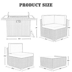 LayinSun 8 Piece Patio Furniture Set with 44" Propane Gas Fire Pit Table, Outdoor Sectional Conversation Set Wicker Rattan Sofa Set with Coffee Table