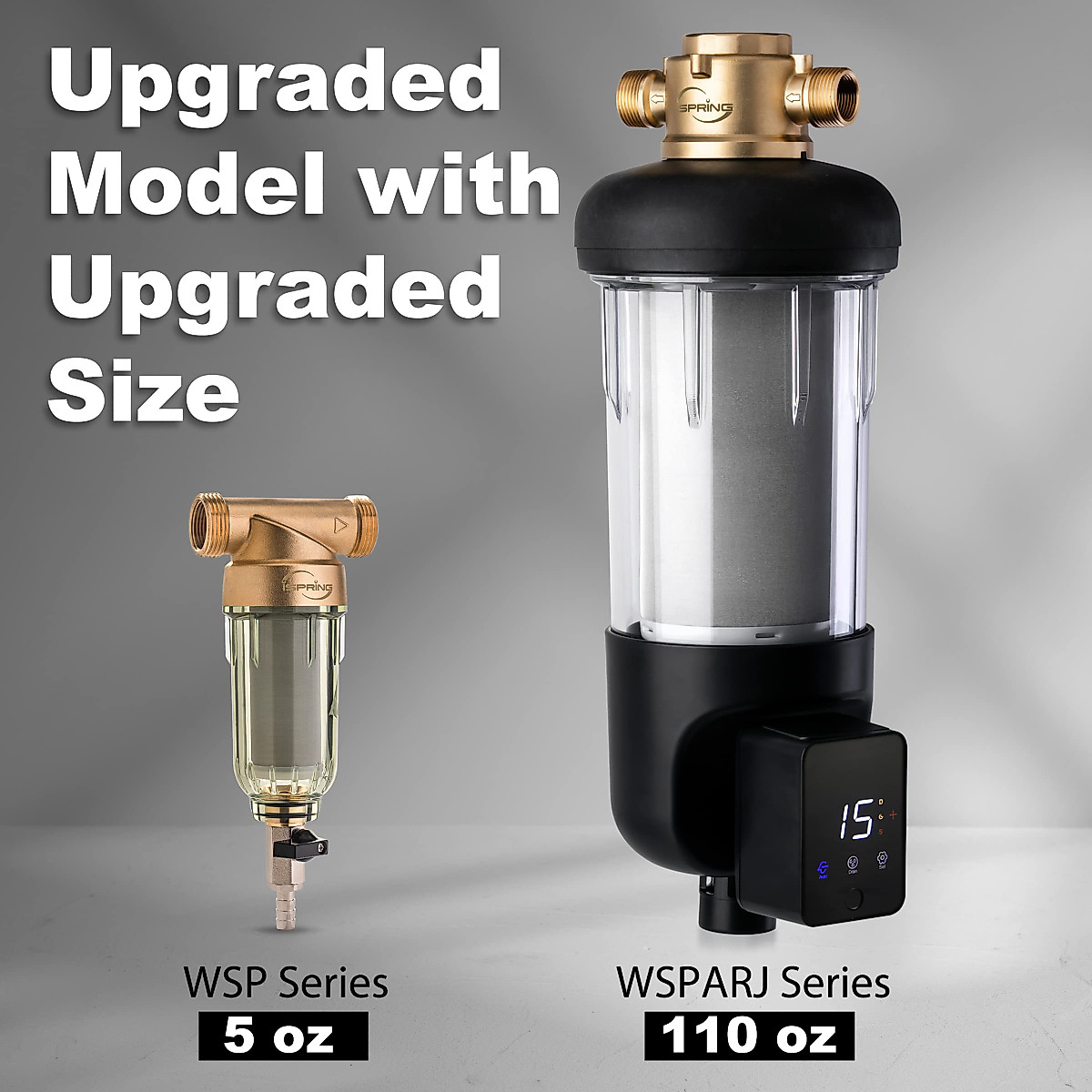 iSpring WSP200ARJ Spin-Down Sediment Water Filter, Upgraded Jumbo Size, Large Capacity, Reusable with Touch-Screen Auto Flushing Module, Brass Top Clear Housing, 200 Microns
