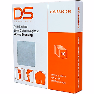 DERMA SOLU 4” x 4” Silver Calcium Alginate Wound Dressing Alginate w/Silver Sterile (4" x 4" (10 Dressings))