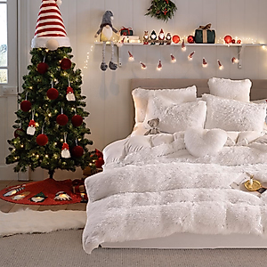 Usfivefam Plush Shaggy White Duvet Cover Set Queen,Luxury Velvet Fluffy Comforter Cover,3PCS Soft White Faux Fur Plush Fluffy Bedding Set,1 Duvet Cover+2 Pillowcases,No Comforter