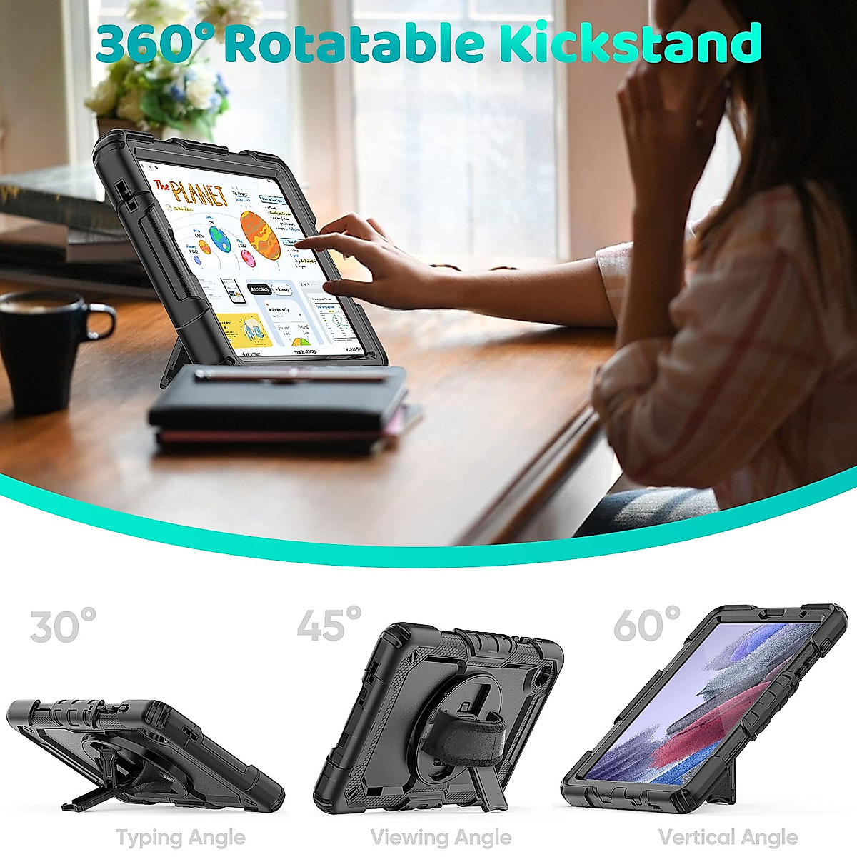 BLOSOMEET Case for Galaxy Tab A7 Lite 2021 8.7 Inch with Tempered Glass Screen Protector Pencil Holder, Kids Cover for Samsung Tablet A7 Lite SM-T225/T220/T227 with Hand Shoulder Strap Stand, Black