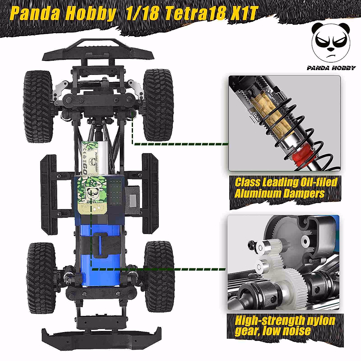 PANDA HOBBY RC Rock Crawler 4x4,RC Crawler 1/18 4WD Off Road RC Cars,RTR Remote Control Car for Adults,1:18 Scale RC Truck Cruiser Vehicle,Waterproof All Terrains Hobby RC Model Car,Tetra18 X1T,White