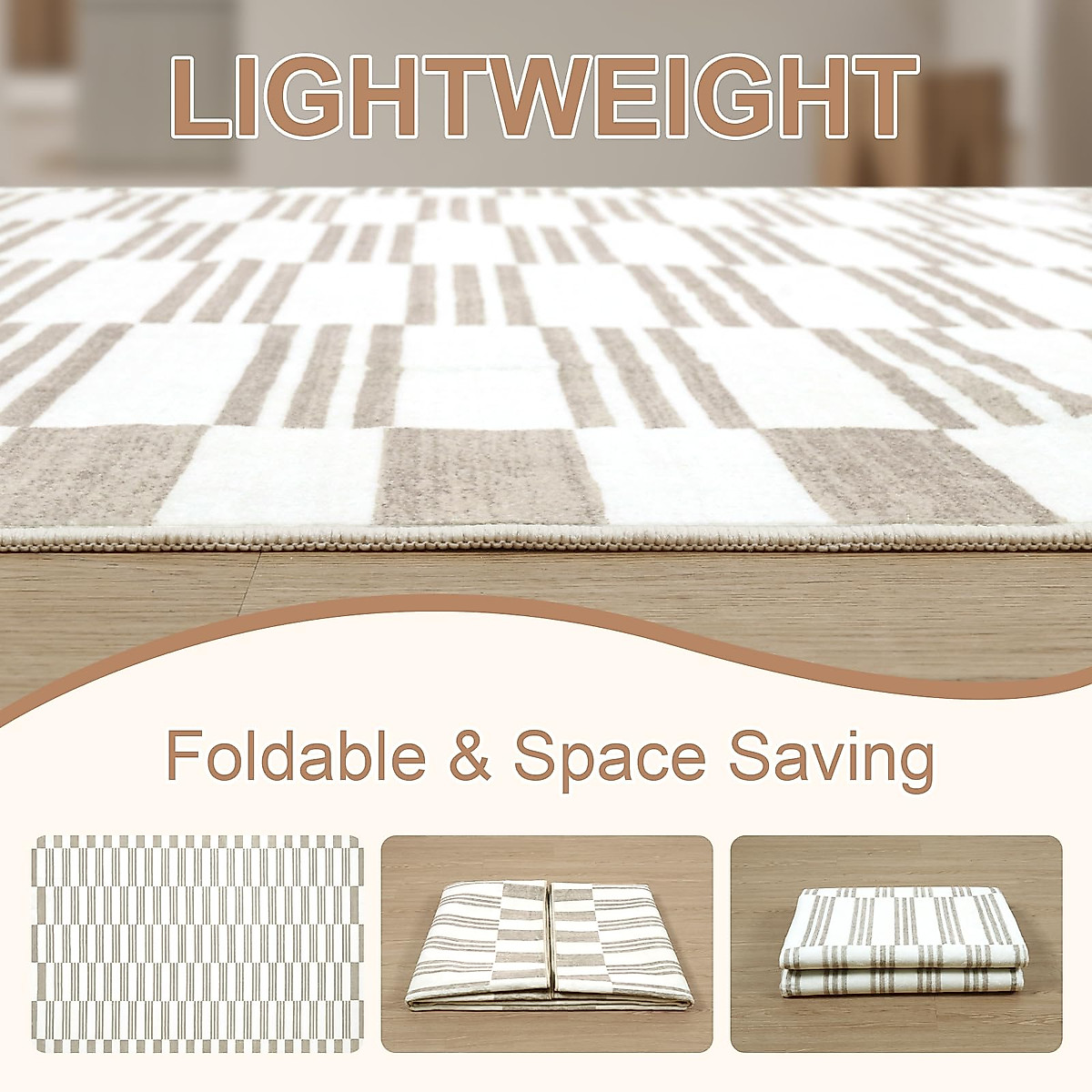 LIVEBOX Machine Washable Area Rugs 5x7 - Soft Checkered Modern Rugs for Bedroom, Non-Slip Neutral Rug for Living Room, Low-Pile Farmhouse Rug for Dining Room Office Hall, Tan/Beige