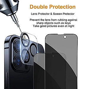 Pehael [2+2 Pack] iPhone 14 Pro Privacy Screen Protector with Camera Lens Protector Full Coverage Anti-Spy Tempered Glass Film 9H Hardness Upgrade Edge Protection Easy Installation Bubble Free Specially Designed for 2022 [6.1 inch]