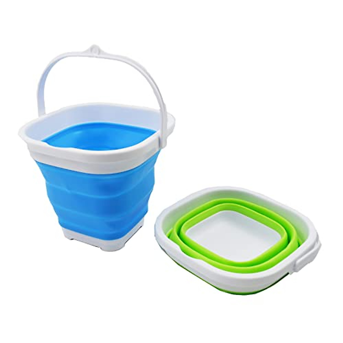SAMMART 2.6L (0.68 Gallon) Super Mini Sqare Collapsible Plastic Bucket - Foldable Square Tub - Portable Fishing Water Pail - Space Saving Outdoor Waterpot (Marine Blue + Grass Green)