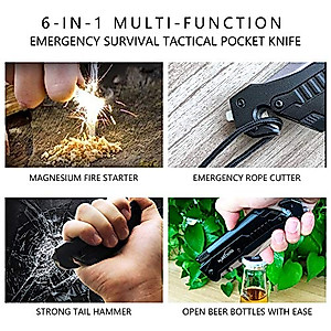 ALBATROSS Best 6-in-1 Survival Tactical Military Folding Pocket Knives with LED Light,Seatbelt Cutter,Glass Breaker,Magnesium Fire Starter,Bottle Opener;Multi-Function Emergency Tool(Black/Satin)