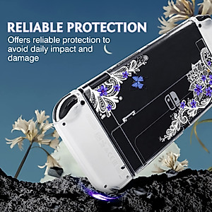 DLseego Purple Butterfly Flower Floral Switch OLED Case 2021 Version Anti-Scratch Dockable Console Clear PC Hard Shell Soft TPU Shock-Absorption Joy Con Cover Romantic Design for Switch OLED Model