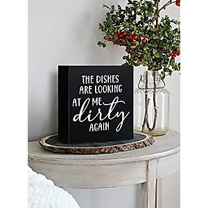Ywkuiev The Dishes are Looking at Me Dirty Again Funny Rustic Family Home Black Wooden Box Sign Plaque for Kitchen Restaurant (6 X 6 Inch)