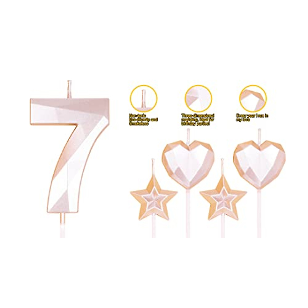 Rose Gold Number 7 Candles and Star Heart Candles 2.76 inch Number Candles for Birthday Cakes 3D Diamond Shaped for Cake Decorations(Rose Gold Candle 7)