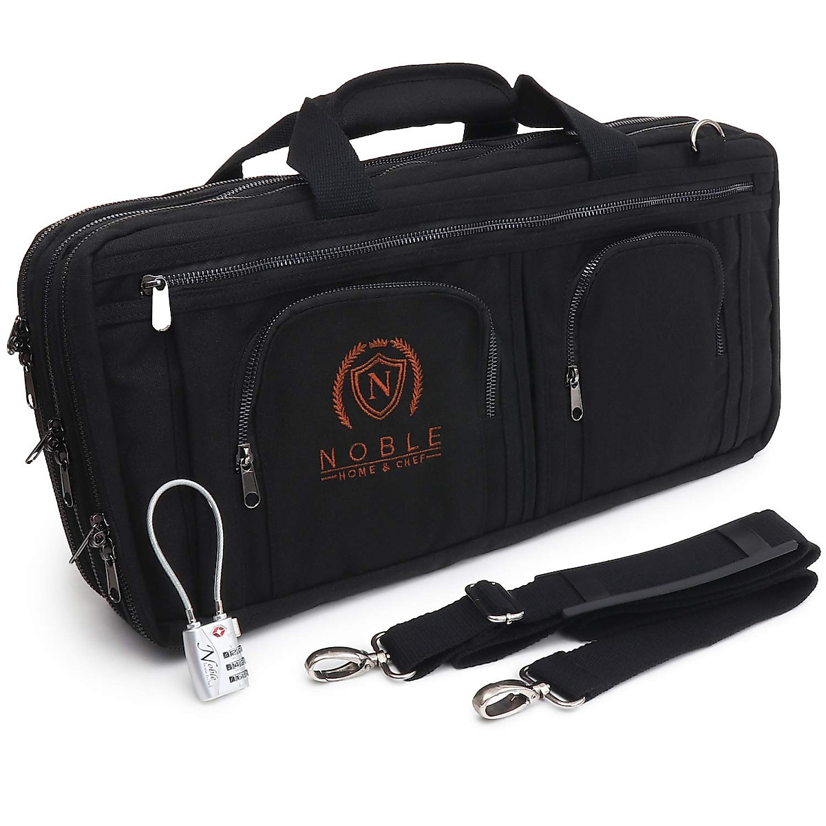 Waxed Canvas Chef Knife Bag Holds 19 Knives PLUS Knife Steel Meat Cleaver and Large Storage Compartments! Our Most Durable Professional Line Knife Carrier Includes Custom Padlock! (Bag Only) (Black)