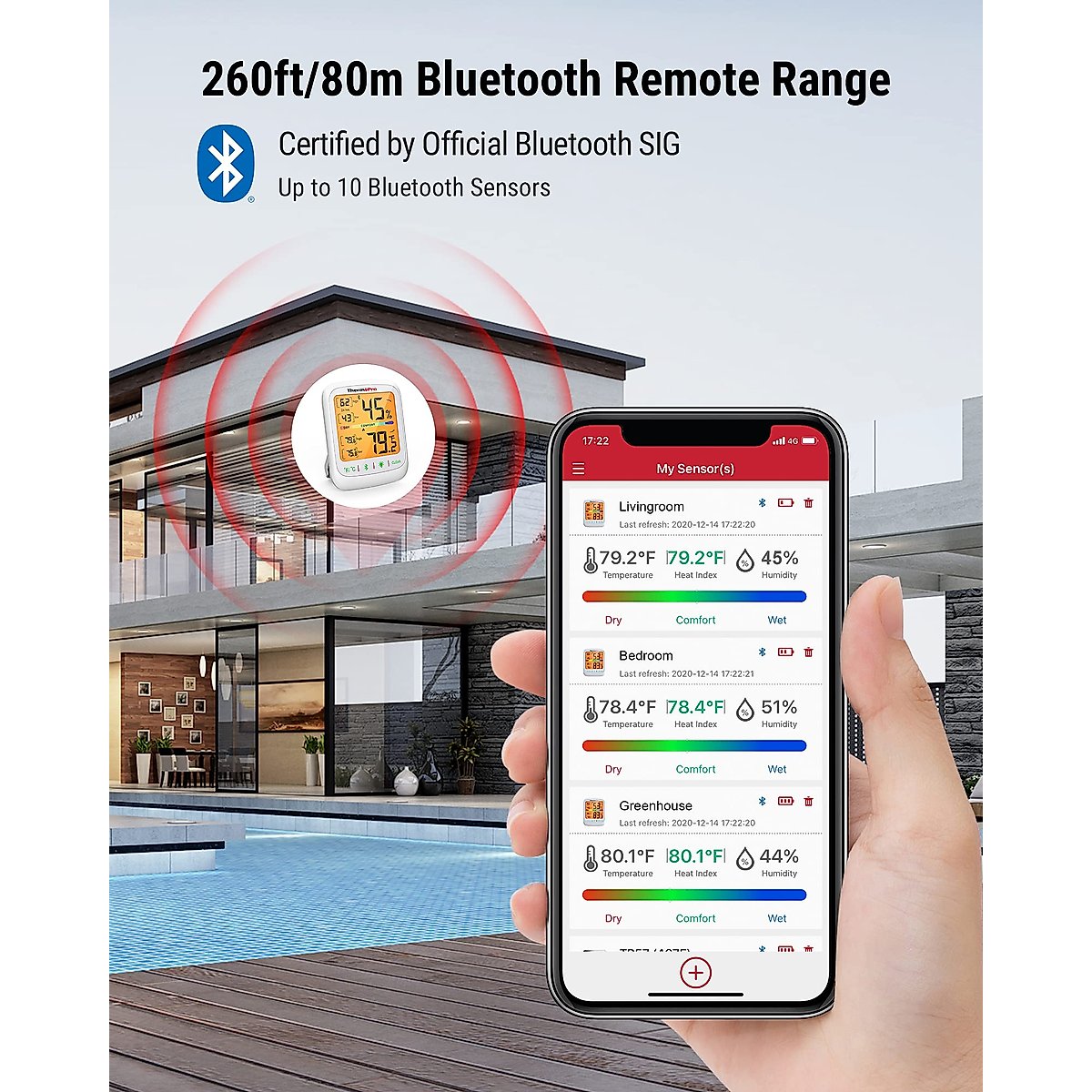 ThermoPro Bluetooth Hygrometer Thermometer, 260FT Wireless Remote Temperature and Humidity Monitor, with Large Backlit LCD, Indoor Room Thermometer and Humidity Gauge, Max Min Records, 2 Pack