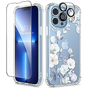GVIEWIN for iPhone 13 Pro Case with Screen Protector & Camera Lens Protector, [10FT Military Grade Drop Protection] Clear Shockproof Slim Fit Floral Phone Case for Women Girls 6.1" (Hibiscus)