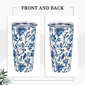 JASROTAO Blue White Porcelain Tumbler,Ceramics 20oz Stainless Steel Insulated Travel Tumbler,Travel Coffee Mug with Lid and Straw Water Bottle Drink Tumbler Cups Gifts for Women Men Lovers