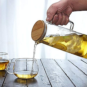 Glass Pitcher with Bamboo Lid - High Heat Resistance Stovetop Safe Pitcher for Hot/Cold Water & Iced Tea (1200ML 42oz)
