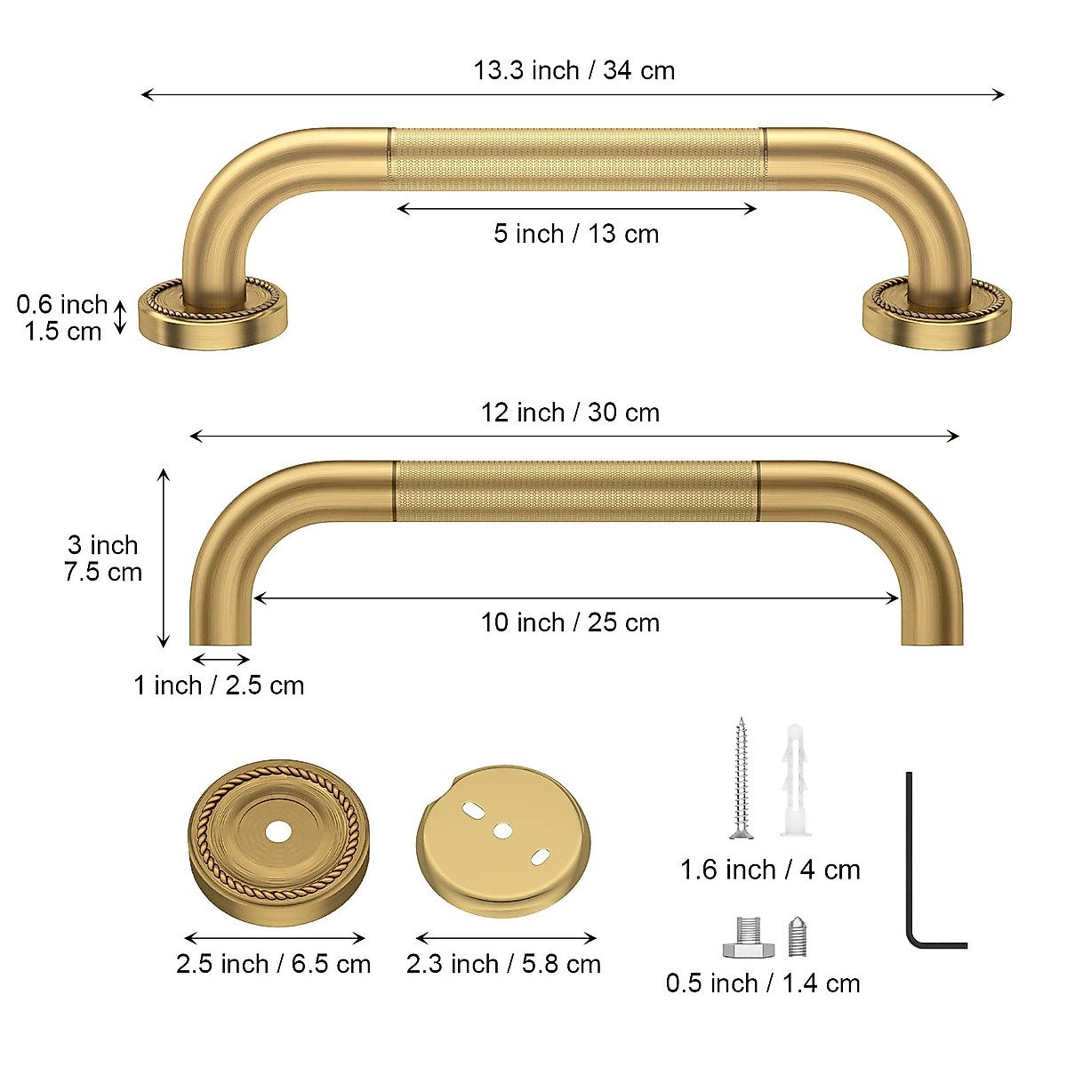 12 Inch Anti Slip Bronze Shower Grab Bar Polished Gold,ZUEXT Antique Brass Bathroom Grab Bar, Knurled Bathroom Balance Bar,Safety Hand Rail Support,Handicap Elderly Injury Senior Assist Bath Handle