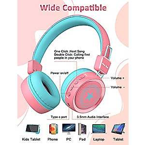 New bee Kids Bluetooth Headphones with Microphone Bluetooth 5.0 Wireless Kids Headphones with 32H Playtime/94dB Volume Limited On Ear Headphones for School/Girls/Boys/iPad/Fire Tablet(Pink)