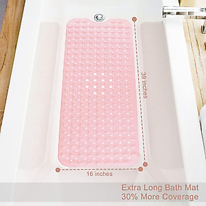 TEESHLY Bath Tub and Shower Mats, Non-Slip 39 x 16 Inch Extra Long Bathtub Mat, Machine Washable BathMat with Drain Holes, Suction Cups for Bathroom (Opaque Pink)