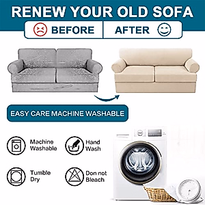 3 Pieces Sofa Covers T Cushion Sofa Slipcovers for 2 Cushion Couch Stretch Couch Cover Soft Sofa Slip Cover Furniture Covers with 2 Individual T Cushion Seat Covers (2 Cushion Sofa, Biscotti Beige)