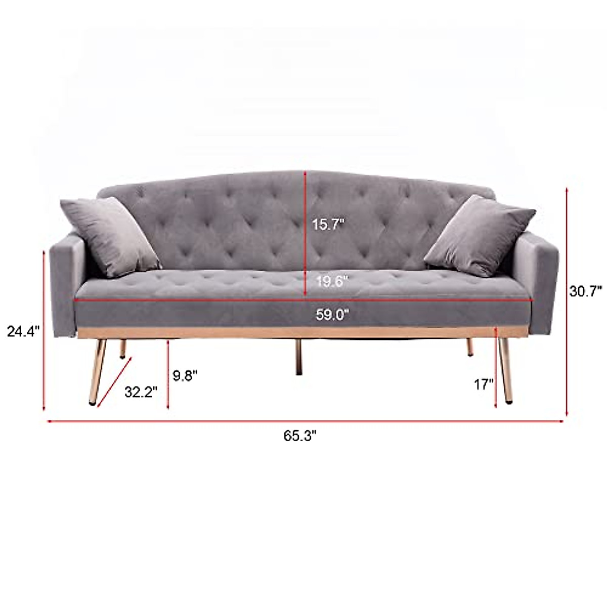 NOSGA Velvet Sofa, Convertible Loveseat Accent Sofa with Two Pillows, Modern Sleeper Sofa Couch Rose Gold Metal Feet for Living Room, Bedroom (Grey)