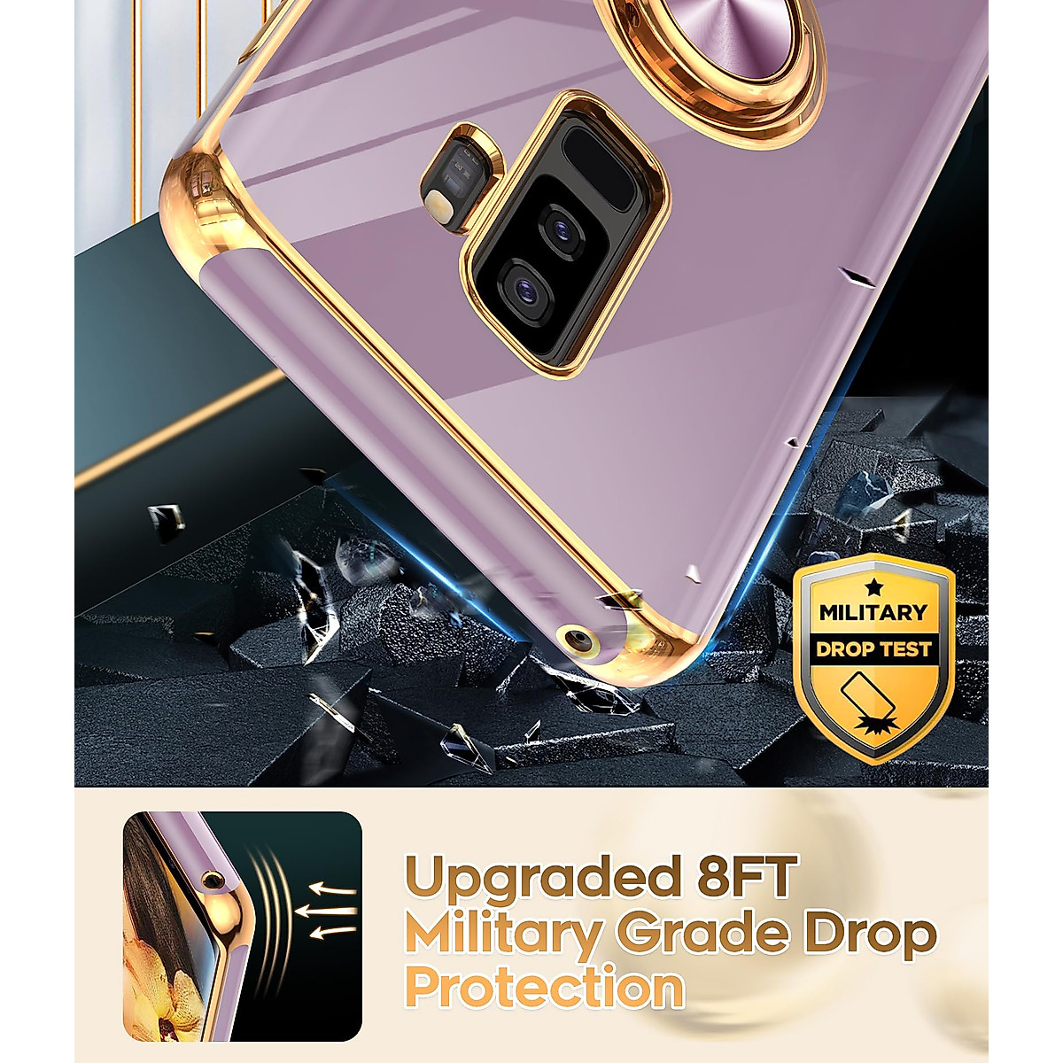 LeYi for Galaxy S9 Plus Phone Case: 360° Rotatable Ring Holder Magnetic Kickstand [ Not Applicable Samsung S9 ], Plating Rose Gold Edge Protective Case, Purple