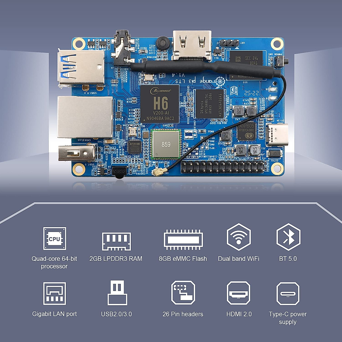 Orange Pi 3 LTS 2GB LPDDR3 Allwinner H6 Flash 4-Core 64 Bit with 8GB eMMC Flash Single Board Computer, Support Dual-Band WiFi and Bluetooth 5.0 Development Board (Pi 3 LTS+Case+Heat Sink+Power Supply)