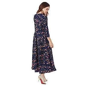 Tissu Women's Navy Blue & Pink Floral Printed Flared Kurta (Blue_S)