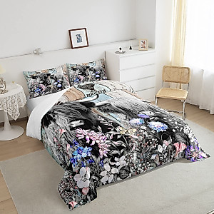 Highland Cattle Full Size Comforter Set,Farmhouse Cow Wild Animals Flowers Bedding Comforters Bedroom Collection,Rustic Country Wooden Board Bedding Set for Girls Teens