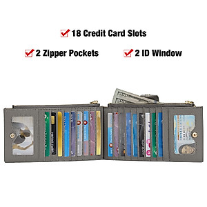 GOIACII Womens Wallet Rfid Blocking Bifold Credit Card Holder with 2 Zipper Pockets Grey