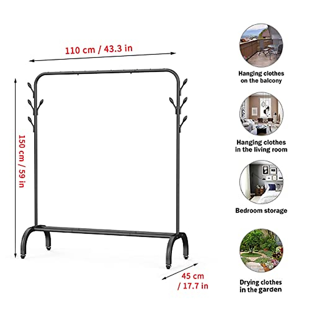 HILI Clothing Garment Rack with Wheels, Metal Clothes Stand Rack with Shoe Storage Rod, Sturdy Steel Frame Coat Rack for Indoor, Laundry, Bedroom(Black) (HY0006)