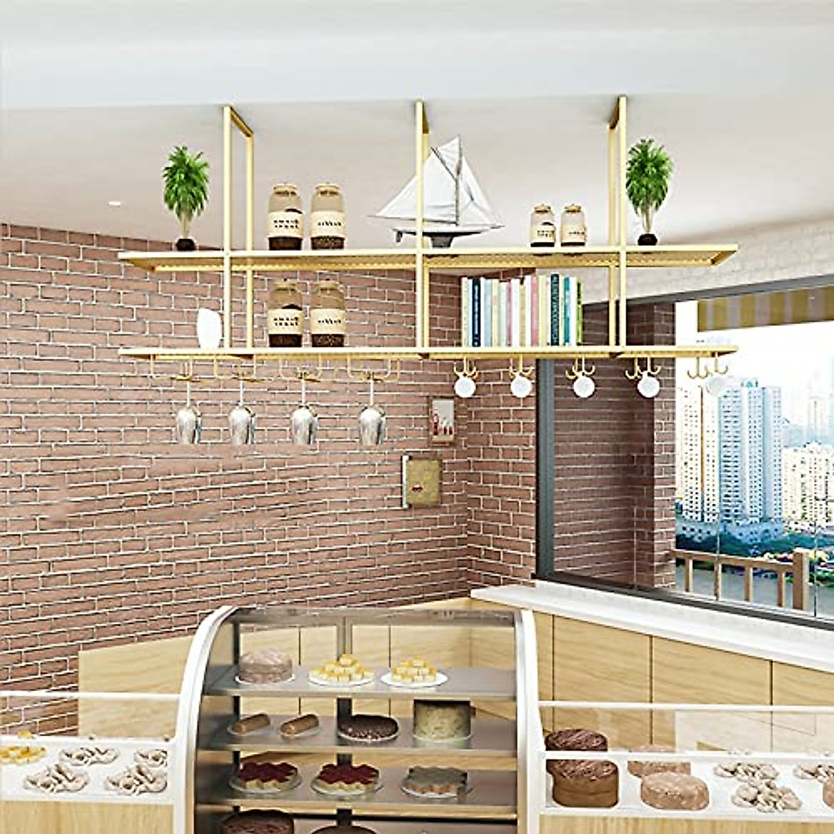 JHHL Ceiling Shelf Hanging, for Storage Wine Glass Bottle，Wall Mounted Storage Shelves, Book Shelf Organizer Display Rack for Bedroom/Bathroom/Living Room/Kitchen