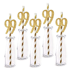 99th Birthday Paper Straw Decor, 24-Pack Real Gold Glitter Cut-Out Numbers Happy 99 Years Party Decorative Straws