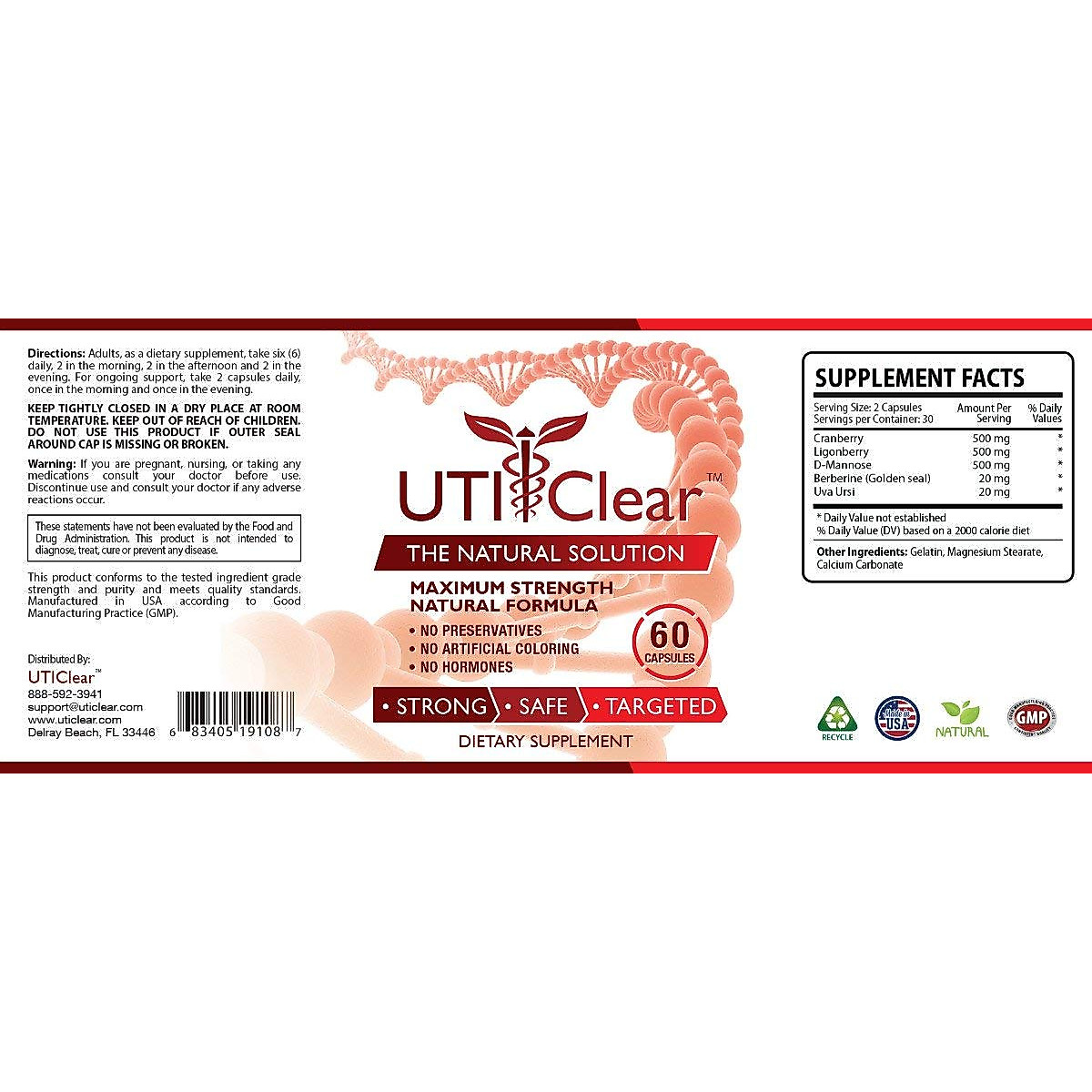 UTI Clear - Urinary Tract Support- 100% Pure Key Ingredients – Cranberry, Lingonberry, D-Mannose, Berberine & Uva Ursi - 1 Bottle