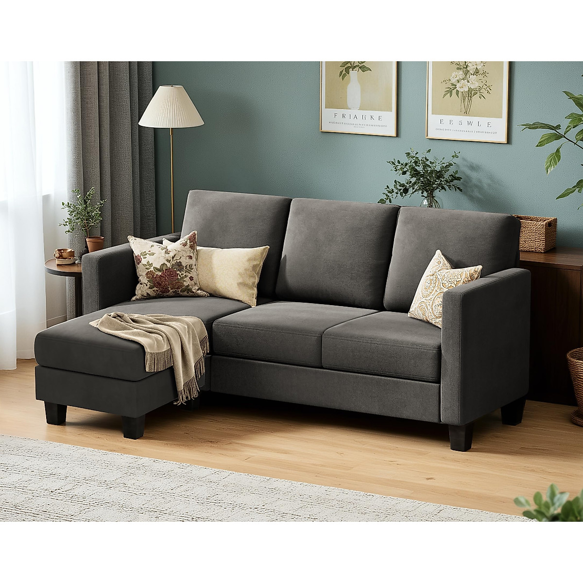 VICTONE Convertible Sectional Sofa Couch, 3 Seat L-Shaped Sofa with Linen Fabric Ottoman Small Couch for Small Apartments, Living Room and Office (Dark Gray)