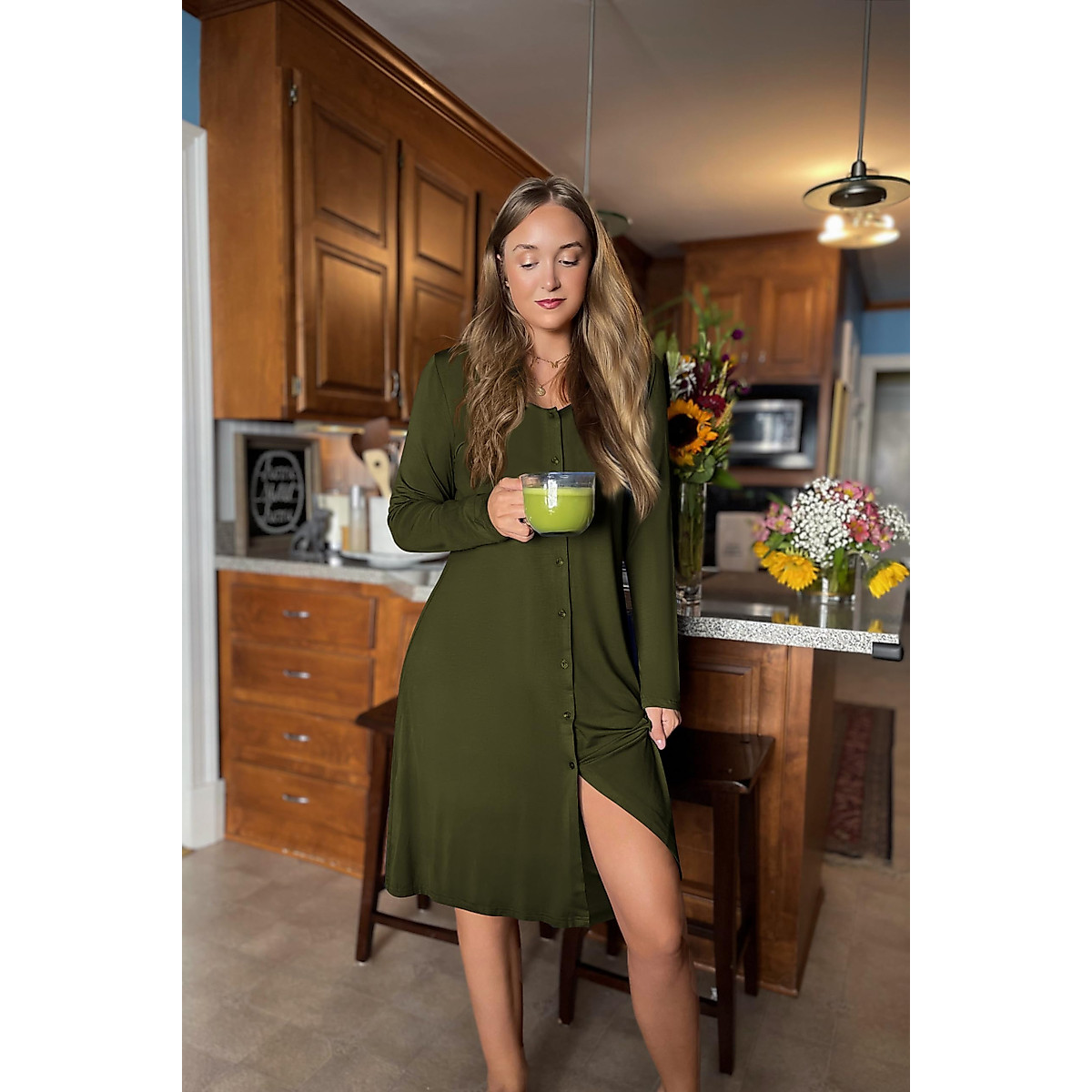Ekouaer Women's Nightgown V Neck Button Down Sleepwear Long Sleeves Nightshirts Soft Button Sleep Dress Army Green