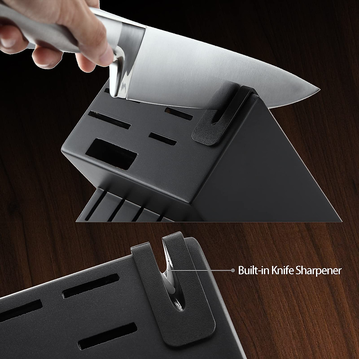 Marco Almond® Knife Set with Block KYA28, 14 Pieces Stainless Steel Chef Cutlery Kitchen Knives Block Set with Built-in Sharpener