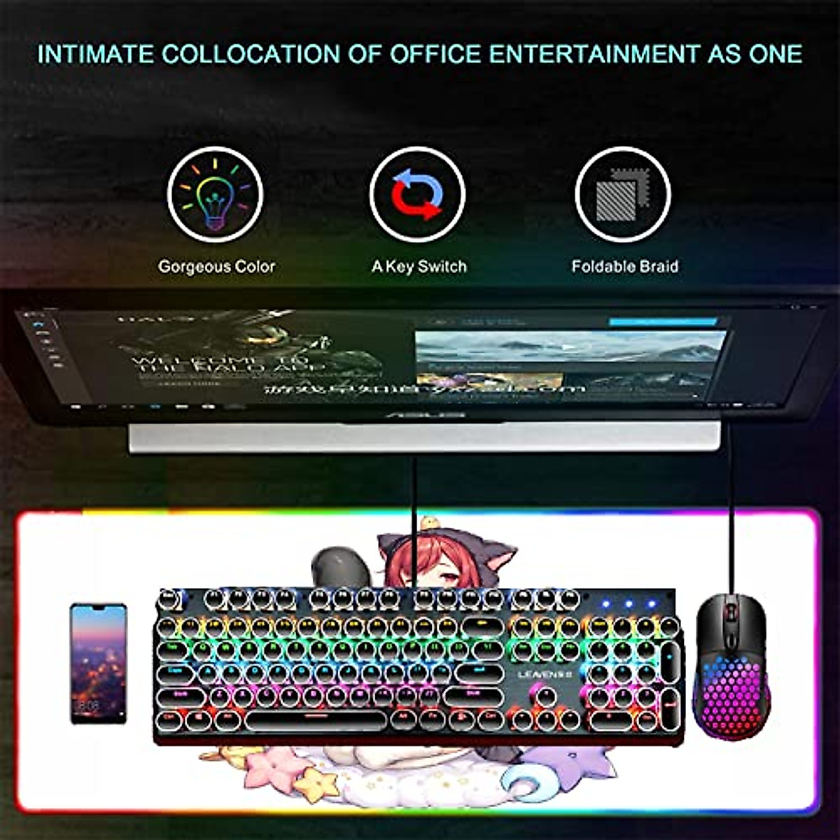 Mouse Pads Sexy Butt Anime Girl Gaming Mouse Pad RGB LED Durable Natural Rubber Base Cloth Surface Waterproof Mats RGB 35.43 inch x15.74 inch,A4