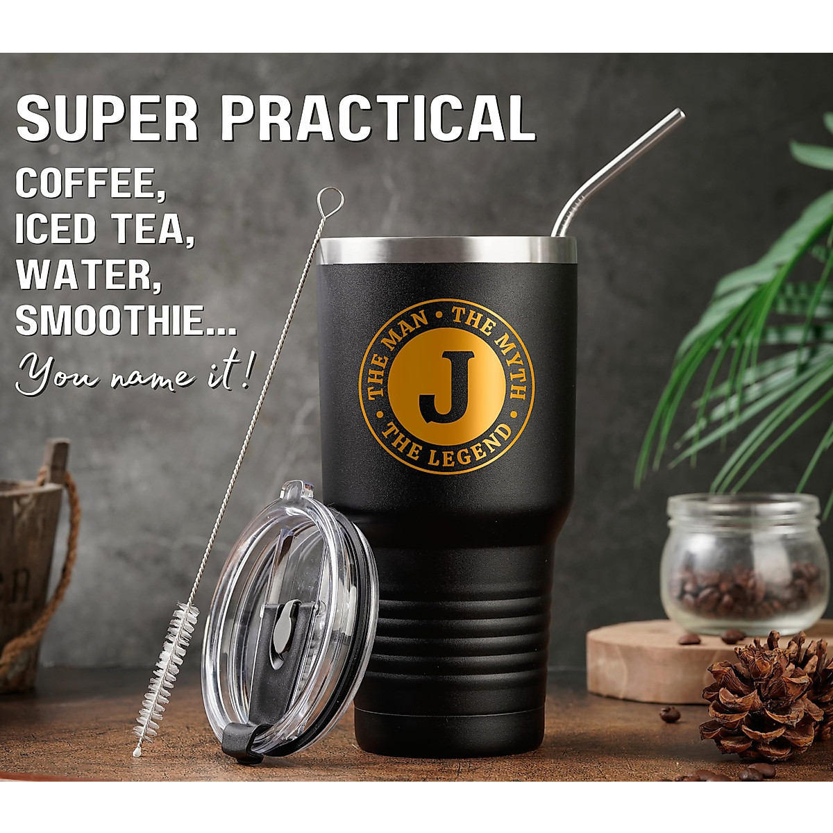 the Man the Myth the Legend Mug with Initials, Monogrammed Stainless Steel Travel Tumbler for Men, Funny Personalized Coffee Cup, Custom Beer Glass, Unique Birthday Christmas Gifts for Him, 30 oz, K